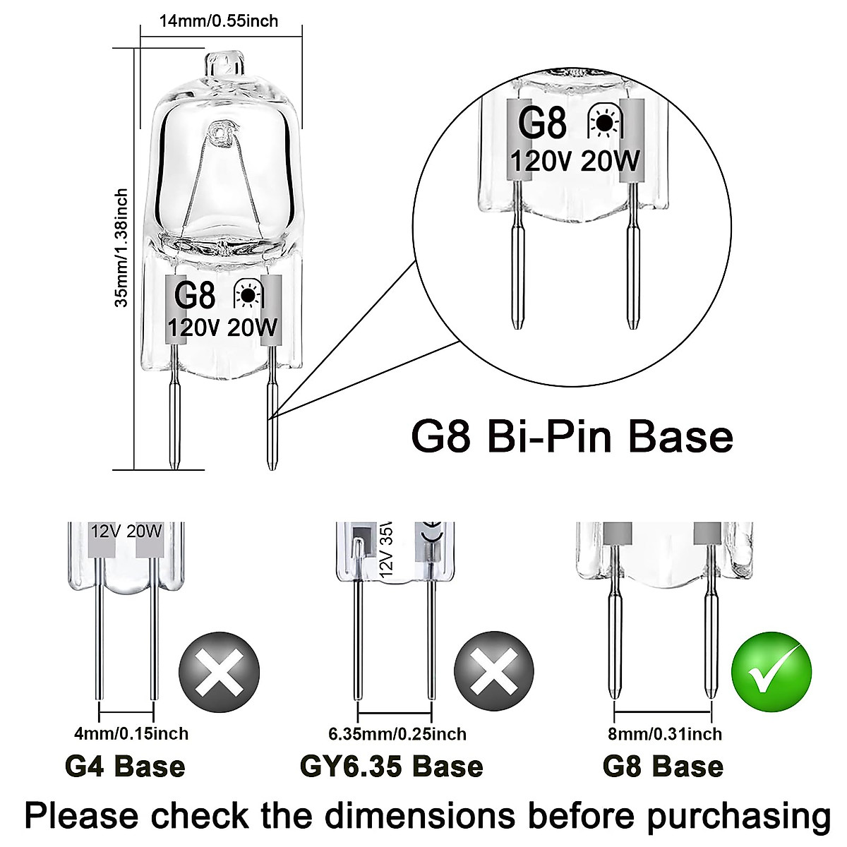 Gaormii G8 Halogen Light Bulbs 20W 120V Xenon Under Cabinet Puck Lighting Replacements G8 Base 2Pin T4 JCD Type Dimmable 2700K Warm White (Pack of 12)