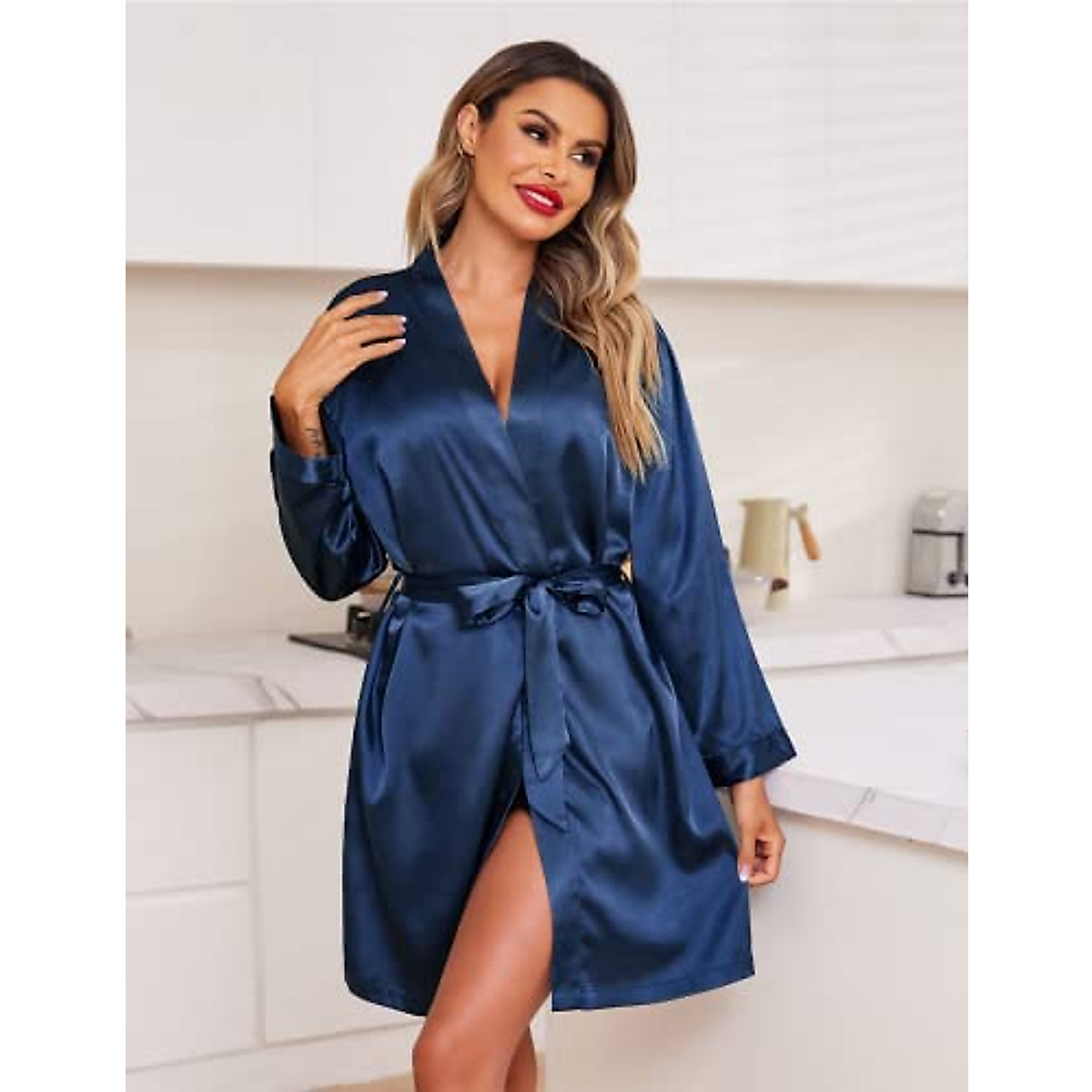 eshion Women's Satin Pajama Set 3 Pcs Silk Robe Set Sexy Lace Trim Cami Pjs Set with Shorts(Navy,Medium)