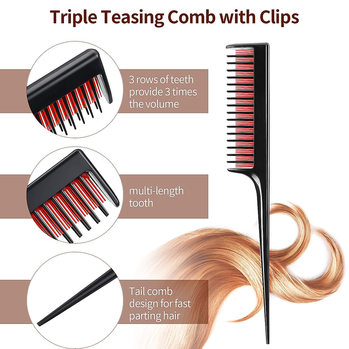 3 Pieces Teasing Comb for Women Include 2 Triple Teasing Comb Rat Tail Combs and Boar Bristle Brushes Comb for Stylist Men Backcombing Slicking Curly Thick Wet Hair