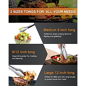 Bnlcd Cooking Tongs with Teeth, Premium Stainless Steel Kitchen Tongs Set of 2-9" and 12", Heavy Duty Locking Metal Food Tongs with Non-Slip Grip - Black