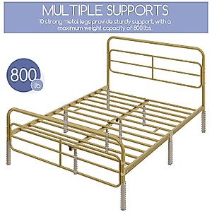 Yaheetech Queen Bed Frame Metal Platform Bed with Geometric Patterned Headboard, Mattress Foundation with Under Bed Storage/Sturdy Slat Support, No Box Spring Needed, Antique Gold