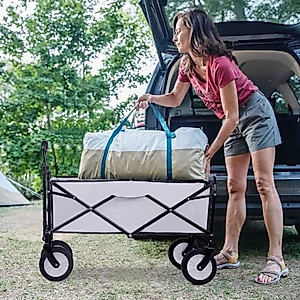 Utility Wagon Outdoor Collapsible Folding Wagon Cart, Portable Garden Cart - Heavy Duty Beach Cart with Adjustable Handles, All-Terrain Wheels and Cup Holders for Garden, Camping, Park Picnic (White)