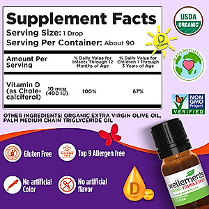 Wellements Baby Organic Vitamin D Drops for Infants & Toddlers (0.15 Fl Oz) - Certified Newborn+ Liquid Vitamin D3 Drops, Support Healthy Growth & Bone Development (1 Drop Daily & 400 IU Per Serving)