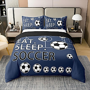 Feelyou Full(No Comforter) Soccer 100% Cotton Duvet Cover Boys Girls Football Bedding Set for Kids Teens Toddler Navy Blue Comforter Cover Set Soccer Ball Game 3Pcs Zipper