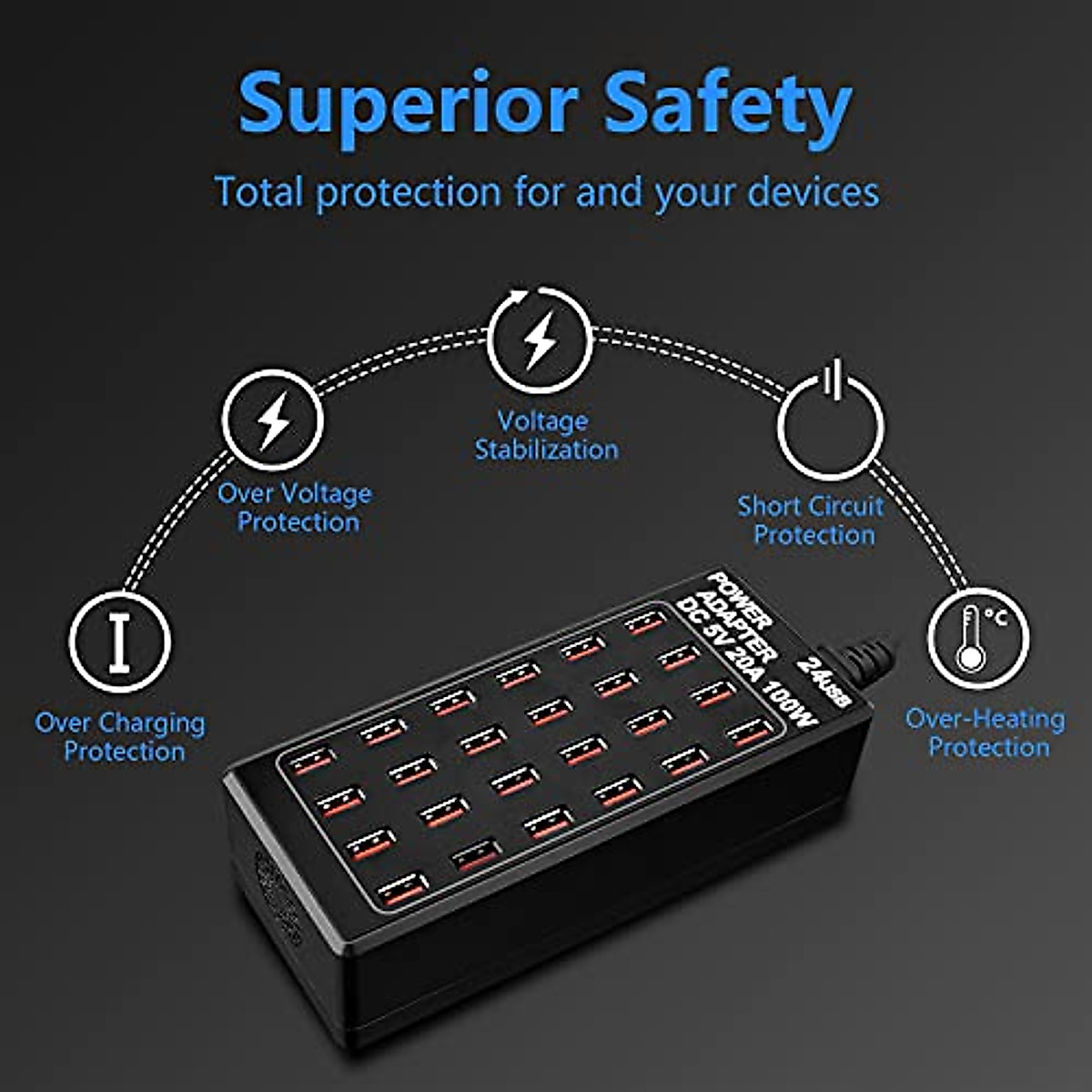 24-Port 100 watt (20 A) USB Charging Station, Home Desktop USB Fast Charger, Multiple USB Desktop Chargers, Suitable for Hotels, Shops, Schools, Shopping malls and Travel