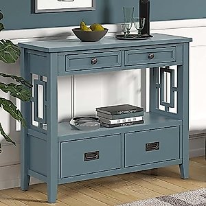 DUNTRKDU Console Table, Vintage Sofa Tables for Entryway, Narrow Tables with Open Storage Shelves & 4 Storage Drawers, 36” Console Tables for Living Room Hallway Sofa Couch Hallway Bar Kitchen (Blue)
