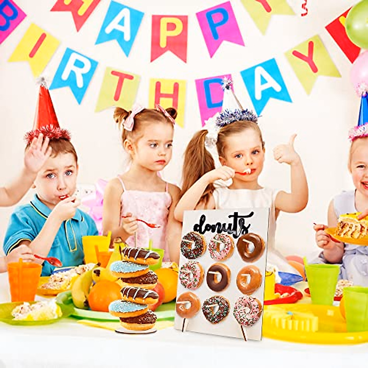 FHDUSRYO Wood Reusable Bagel Donut Stand, Wooden Donut Wall Stand and White Gold 3-Tier Cardboard Cupcake Stand for Wedding, Birthdays, Party Decoration