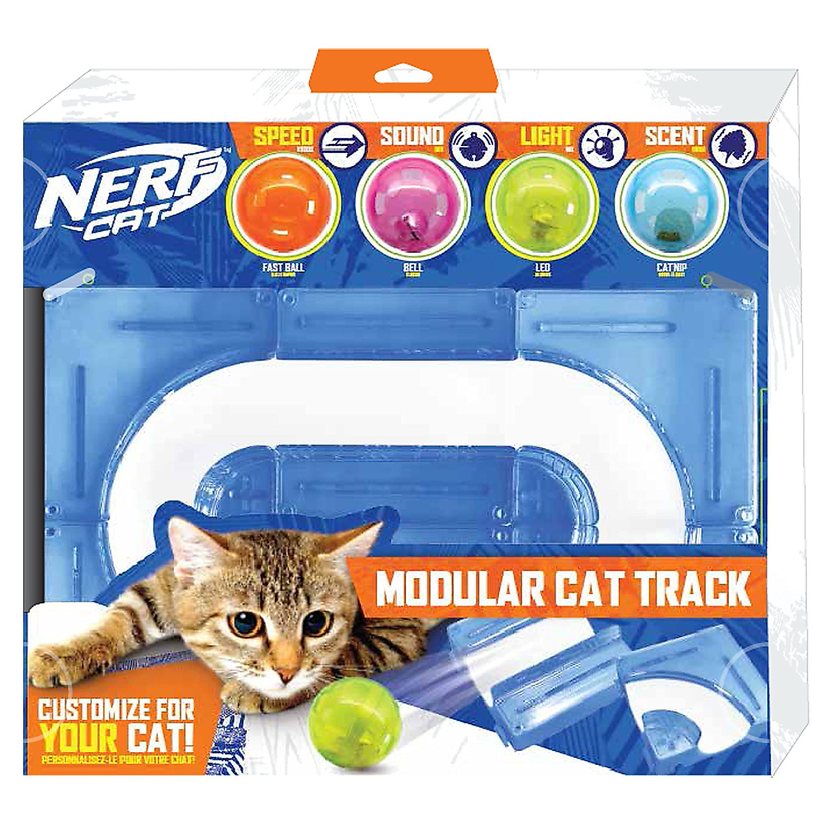 Nerf Cat Gift Set Box - 15in x 10in ABS Turbo Cat Track with 2 inch Hollow Ball and 2 inch Bell Ball and 2 inch LED Ball and 2 inch Catnip Ball