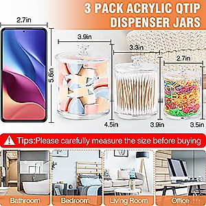 Eschen Apothecary Jars, 3 Pack Bathroom Storage Organizer, 28-oz 17-oz 9-oz Clear Acrylic Cotton Ball Holder with Lid for Qtip, Makeup Sponges, Flossers, Bath Salts, Swab Vanity Canister Dispenser