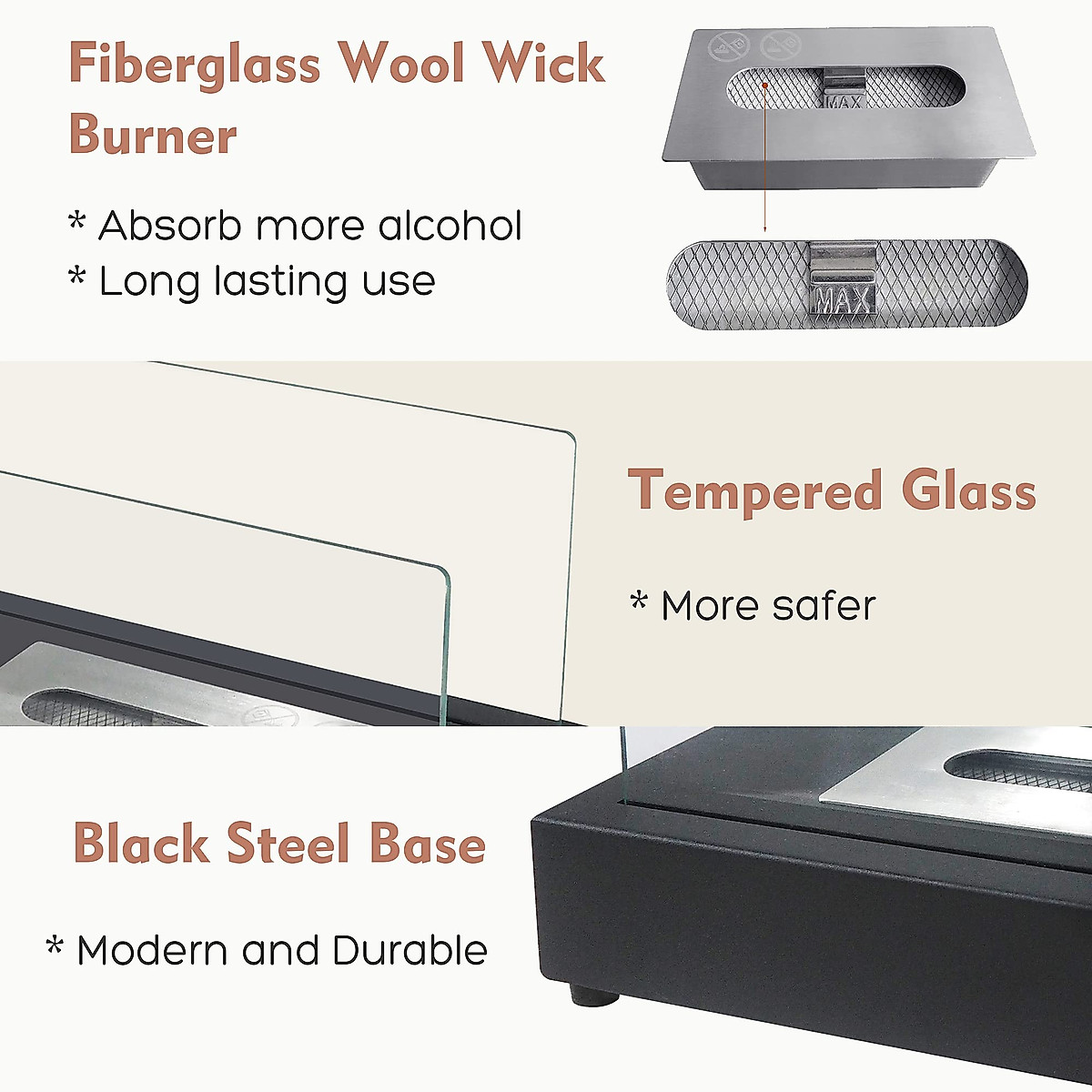 Tabletop Fireplace, Portable Rectangle Ventless Black Fire Pit Bowl Pot Indoor Outdoor, Bio Ethanol Clean Burning