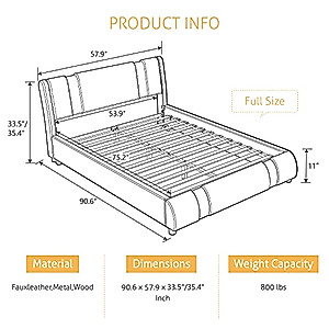 SHA CERLIN Full Size Bed Frame with Iron Pieces Decor and Adjustable Headboard/Deluxe Upholstered Modern Platform Bed with Solid Wooden Slats Support/No Box Spring Needed, White
