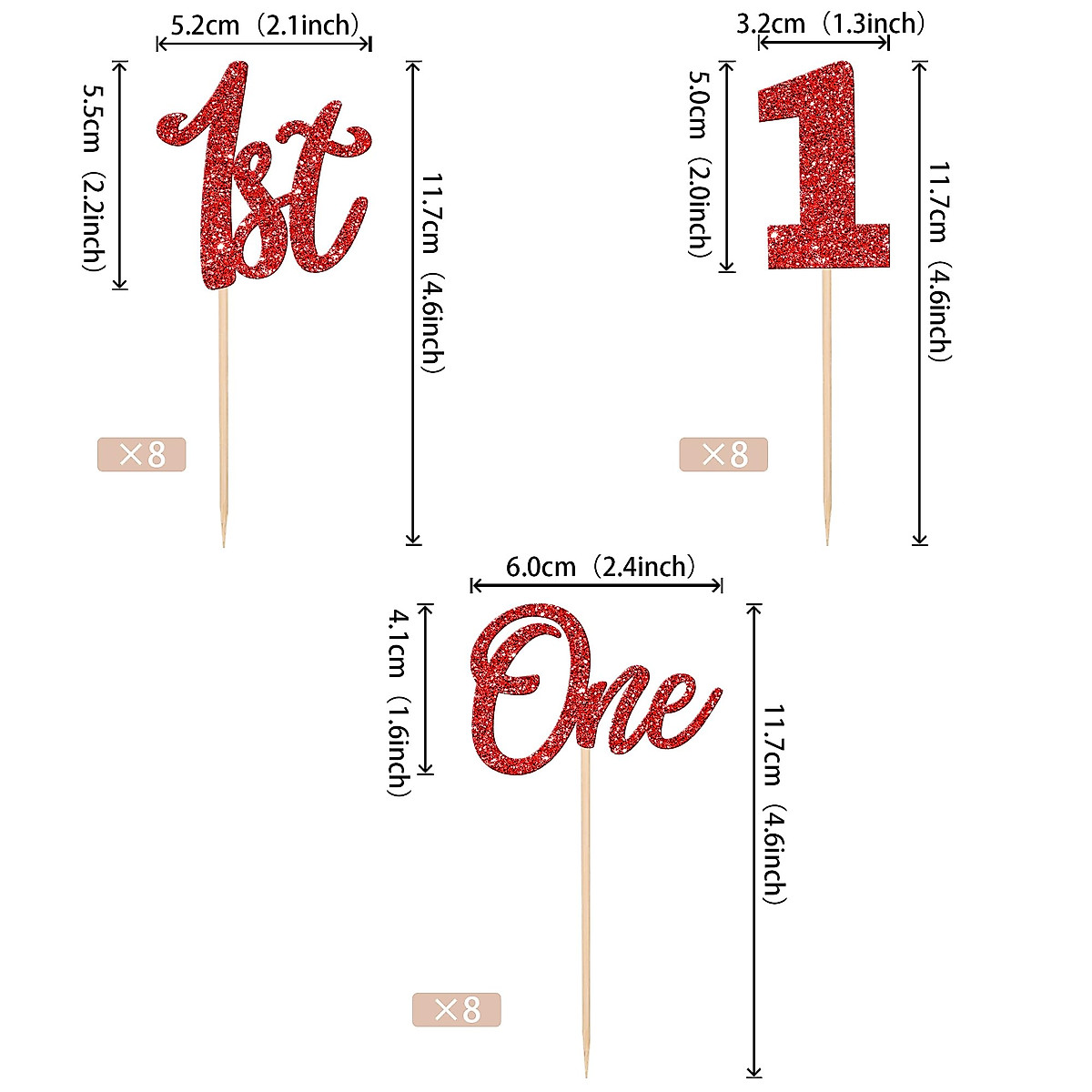 24 PCS One Cupcake Toppers Glitter 1st Birthday Cupcake Picks Number 1 First Birthday One Cake Decorations for Baby Shower Kids 1st Birthday Anniversary Party Supplies Red