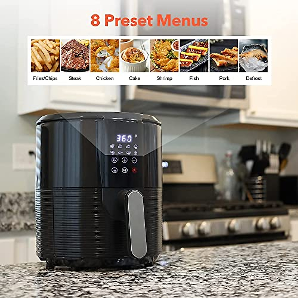 3.5QT Air Fryer with LED Digital Display, Temperature Control, 8 Preset Cooking Modes, Recipe Book (Black color) _ Intexca