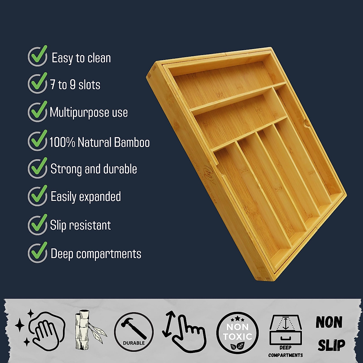 Bamboo Kitchen Drawer Organizer, Silverware Organizer, Flatware Organizer, Expandable, Non-Slip - 9 Grids, Kitchen Utensils and Flatware Holder, Cutlery Tray With Dividers M2 Home And Kitchen Ware