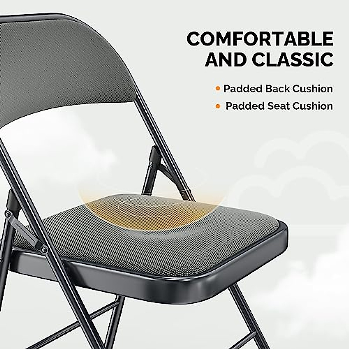 VINGLI Folding Chairs with Padded Seats, Metal Frame with Fabric Seat & Back, Capacity 350 lbs, Gray, Set of 6