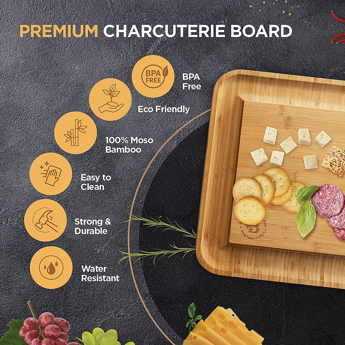 Premium Bamboo Cheese Board: Large Charcuterie Boards Set Including 4 Stainless Steel Knife & Wine Opener - Cheese Platter & Serving Tray - Ideal Valentines Day Gifts, Housewarming Gift, Wedding Gifts