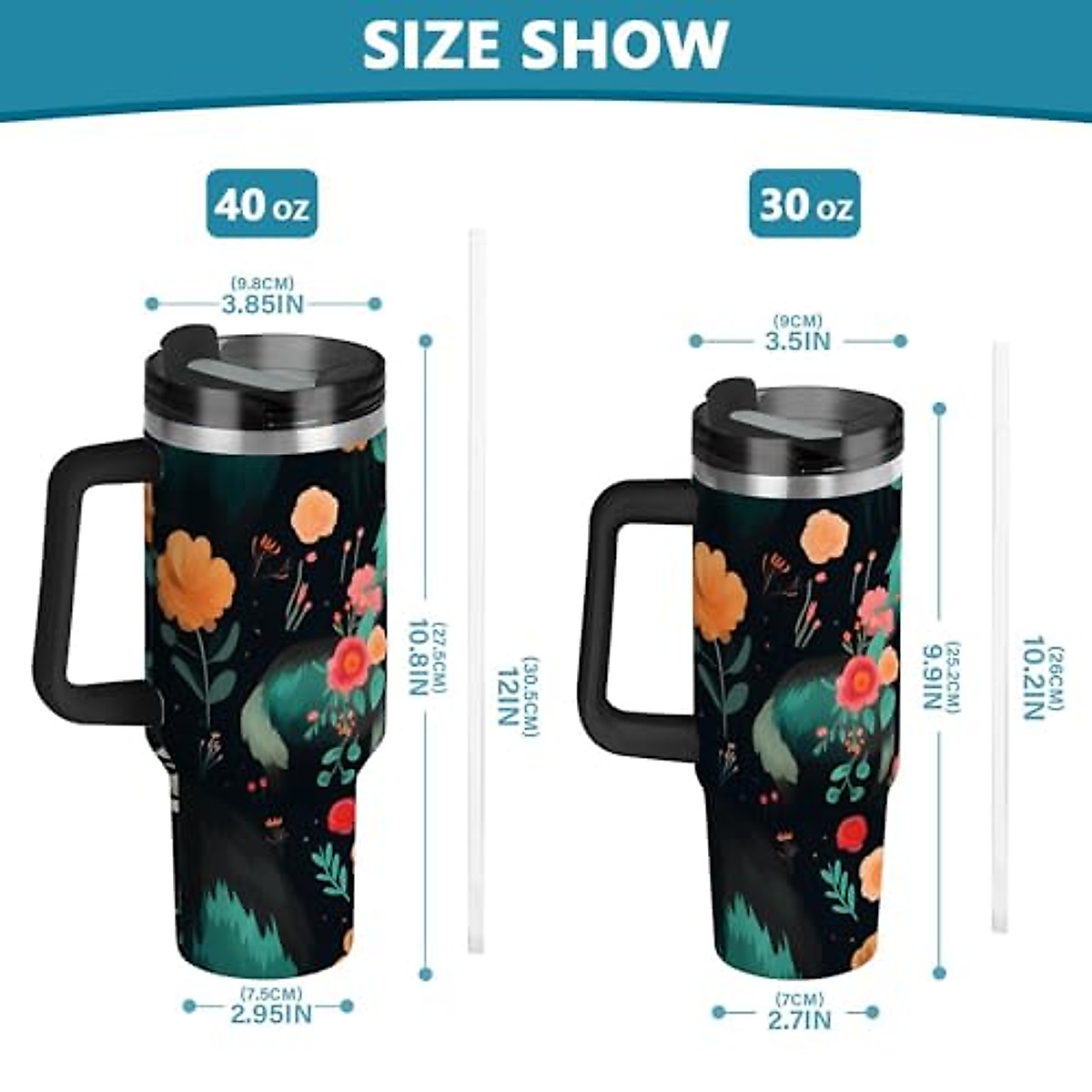 Bokkoy Llama with Floral Decor Pattern 40 oz/30 oz Tumbler with Handle and Straw Stainless Steel Tumbler with Lid Reusable Vacuum Insulated Cup