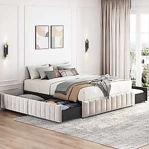 Yaheetech Queen Bed Frame Upholstered Platform Bed with 4 Storage Drawers, Large Storage Space/Strong Wooden Slats/Non-Slip and Noise-Free/No Fixed Headboard/No Box Spring Needed/Beige Queen Bed