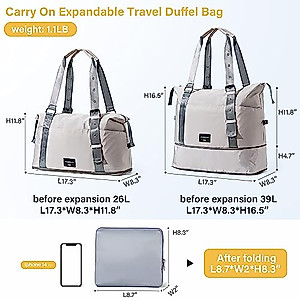 Hanke Expandable Tote Bag Foldable Duffle Bag for Travel Carry on Weekend Bag for Women with Adjustable Shoulder Strap Gym Bag for Men Garment Bag.（Dune Grey）