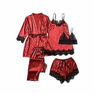 WDIRARA Women's 5 Pieces Satin Sleepwear Lace Trim Pajama Sets with Belted Robe Multicolored L