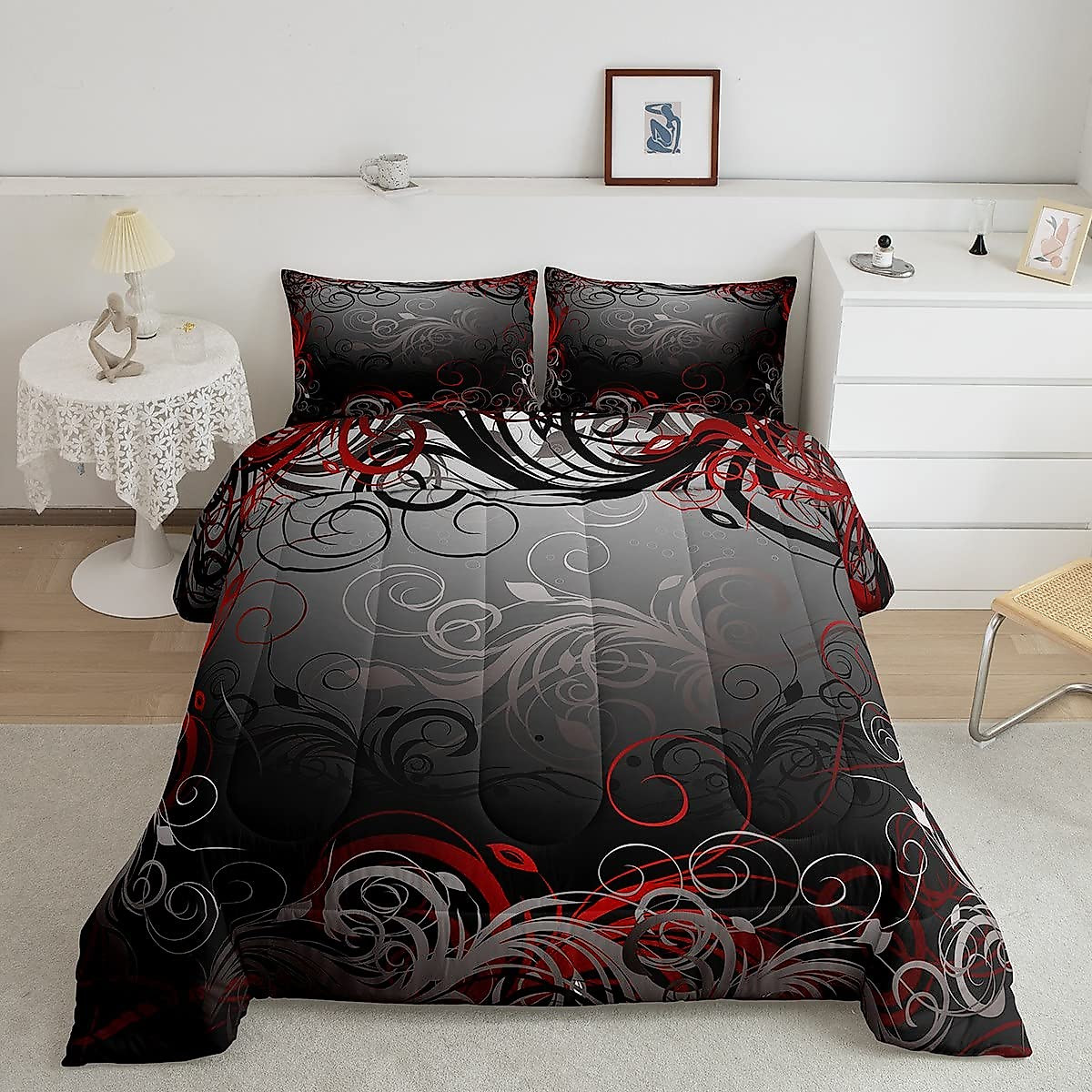 Homewish Gray Floral Swirls Comforter Set Twin Size,Gothic Leaf Bedding Set 2pcs for Kids Teens Adult Room Decor, Abstract Mystic Trippy Quilt Set Black Red Duvet Insert with 1 Pillowcase