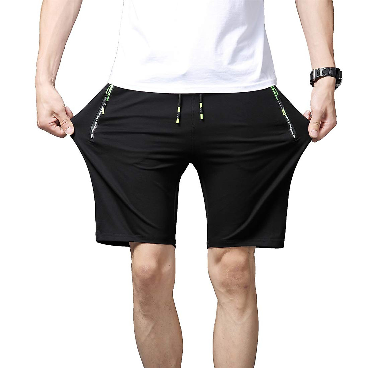 Tansozer Men's Casual Shorts Elastic Waist Comfy Workout Shorts Drawstring Summer Jogger Shorts with Zipper Pockets (Black, Large)