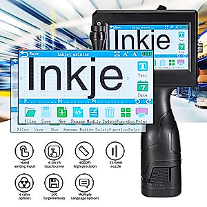 Handheld Inkjet Printer Print with 4.3 Inch HD LED Touch Screen Portable Labeler for QR-Code Barcode Date Logo Batch Text Surface on Glass Plastic Box Bag Wood Paper Black Ink Height 0.08~0.5 inch