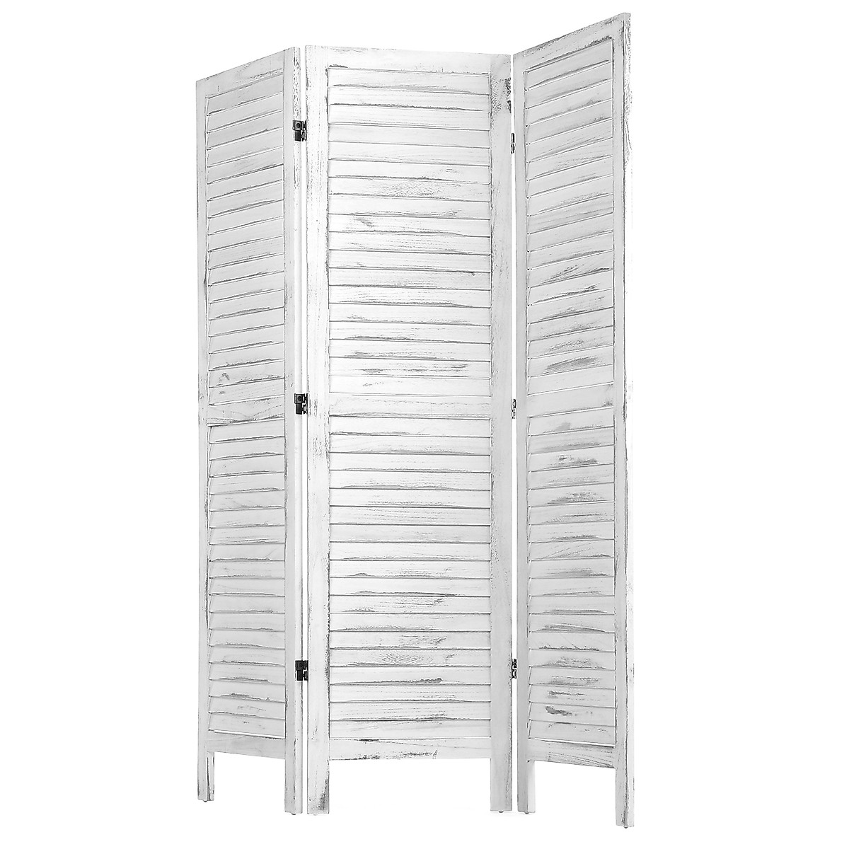 MyGift Whitewashed Wood 3 Panel Screen, Folding Louvered Room Divider