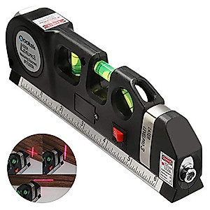Laser Level, Qooltek Multipurpose Cross Line Laser 8 feet Measure Tape Ruler Adjusted Standard and Metric Rulers for hanging pictures