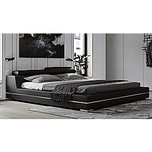 ZURI Hera Genuine Black Leather Platform Bed with Adjustable Headrests - Queen