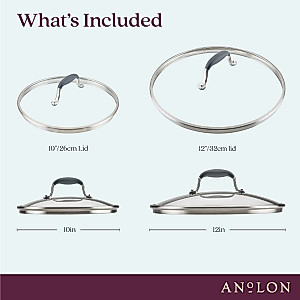 Anolon Advanced Home Glass Lids, Stainless Steel and Silicone Handles, 2 Piece, 10 Inch and 12 Inch Lid Set, Moonstone, Dark Gray
