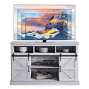 BELLEZE Modern 52 Inch Farmhouse Highboy TV Stand & Media Entertainment Center Console Table for TVs up to 55 Inch with Sliding Barn Door and Storage Cabinets - Parker (Stone Gray)