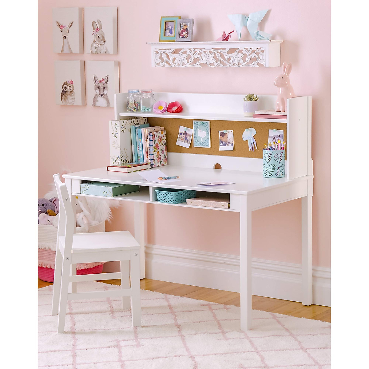 Martha Stewart Kids' Desk with Hutch and Chair by Guidecraft - Creamy White: Kids Wooden Study Table with Storage and Corkboard | Kids' Bedroom Furniture Set, Desk and Chair Set Ages 5-12