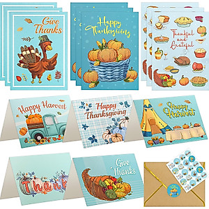 WorldBazaar Glitter Thanksgiving Greeting Cards with Envelopes 24 Pack Blue Thanksgiving Blank Inside Cards Bulk Party Supplies Turkey Harvest Thanks