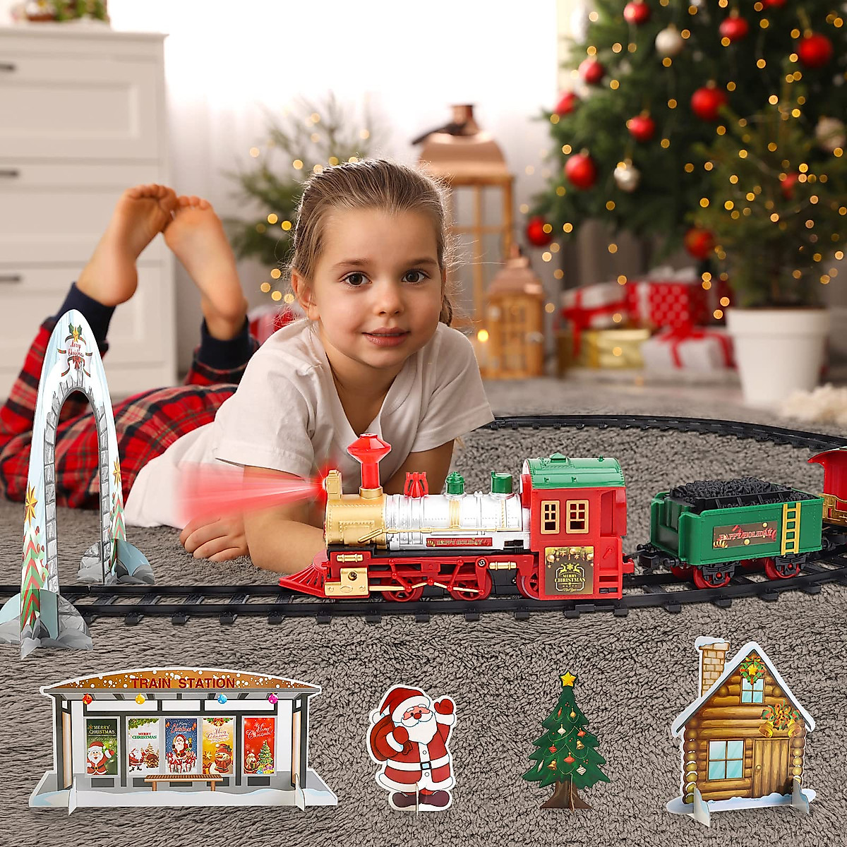 deAO Train Set for Christmas Tree,Classical Christmas Train Set with Headlight, Realistic Sounds, 4 Cars Carriage and Tracks, Best Gift for Christmas Décor Under The Christmas Tree