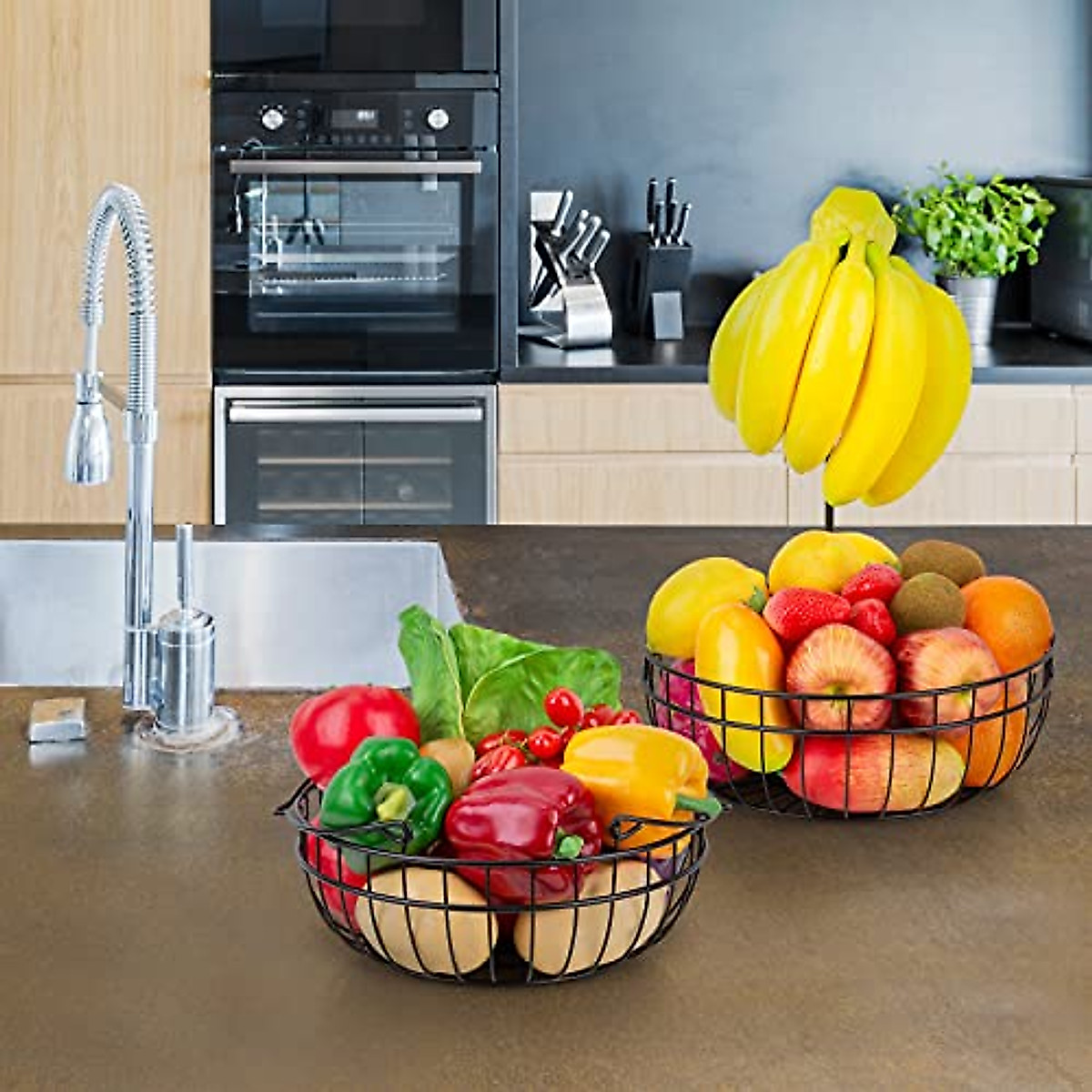 2- Tier Fruit Basket for Kitchen Counter, Homewill Fruit Basket with Banana Hanger, Hanging Wire Fruit Vegetable Basket Bowls Storage for Countertop