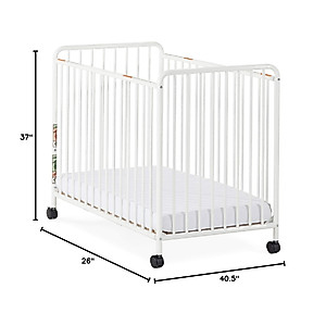 Child Craft Siesta Metal Compact Non-Folding Portable Crib with 2” Crib Mattress and Locking Wheels, Durable Metal Construction, Easy to Clean (White)