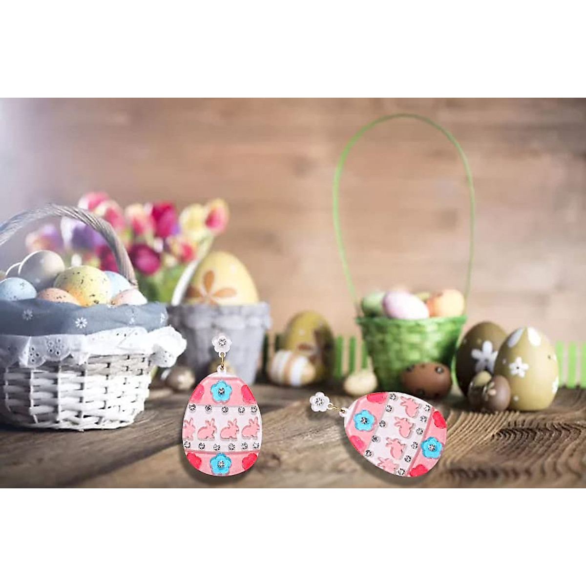 Easter Earrings Rhinestone Colorful Easter Egg Drop Dangle stud Earrings acrylic Egg and Bunny Earring for Women Holiday Party Jewelry (Pink)