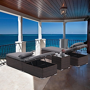 iArtHand 3 PCS Patio Chaise Lounge Outdoor Lounge Chair Patio Reclining Chair with Coffee Table Cushion&Pillow 5 Angle Adjustment PE Rattan Chair for Courtyards Poolside Garden (Coffee-D)