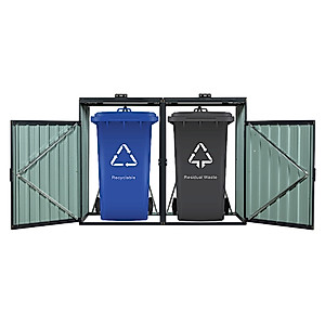Homtique Outdoor Trash Can Storage Shed, Garbage Bin Shed for 2 Trash Cans and Tools, Stainless Galvanized Steel, Metal Trash Can Shed for Garden Yard Lawn