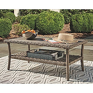 Signature Design by Ashley Clear Ridge Outdoor Wicker Coffee Table with Rust Free Aluminum Base, Light Brown