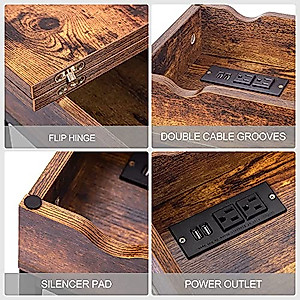 FABATO End Table with Charging Station Nightstands with Storage Shelves Flip Top&USB Ports Narrow Sofa Side Table for Small Spaces with Metal Frame Living Room Bedroom, Rustic Brown