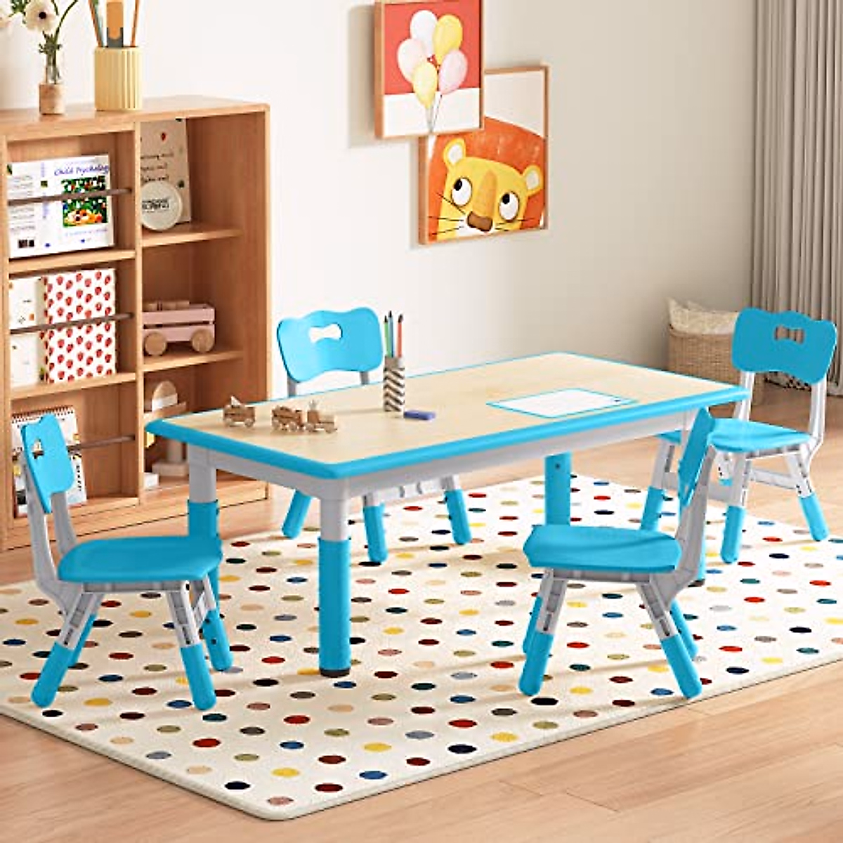 wanan Kids Table and 4 Chairs Set, Multi Levels Height Adjustable Toddler Table and Chairs Set for Daycare, Classroom, Home, Playroom, Easy to Clean Arts & Crafts Table for Ages 2-10 (Light Blue)