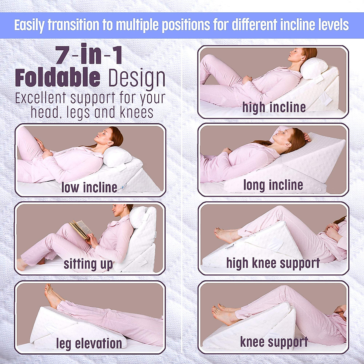 Flexicomfort Bed Wedge Pillow for Sleeping -Adjustable Post Surgery Pillow (7 in 1) -0 Memory Foam -Head Support Cushion -Incline -Leg Elevation -Pregnancy - Washable Cover - Large 24 Inch