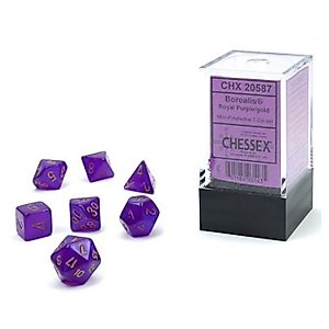 Chessex Dice Set – 10mm Borealis Purple/Gold Luminary Polyhedral Dice Set – Dungeons and Dragons D&D DND TTRPG Dice – Includes 7 Dice - D4 D6 D8 D10 D12 D20 D% (CHX20587)