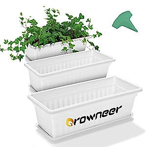 GROWNEER 3 Packs 17 Inches White Flower Window Box Plastic Vegetable Planters with 15 Pcs Plant Labels, for Windowsill, Patio, Garden, Home Décor, Porch