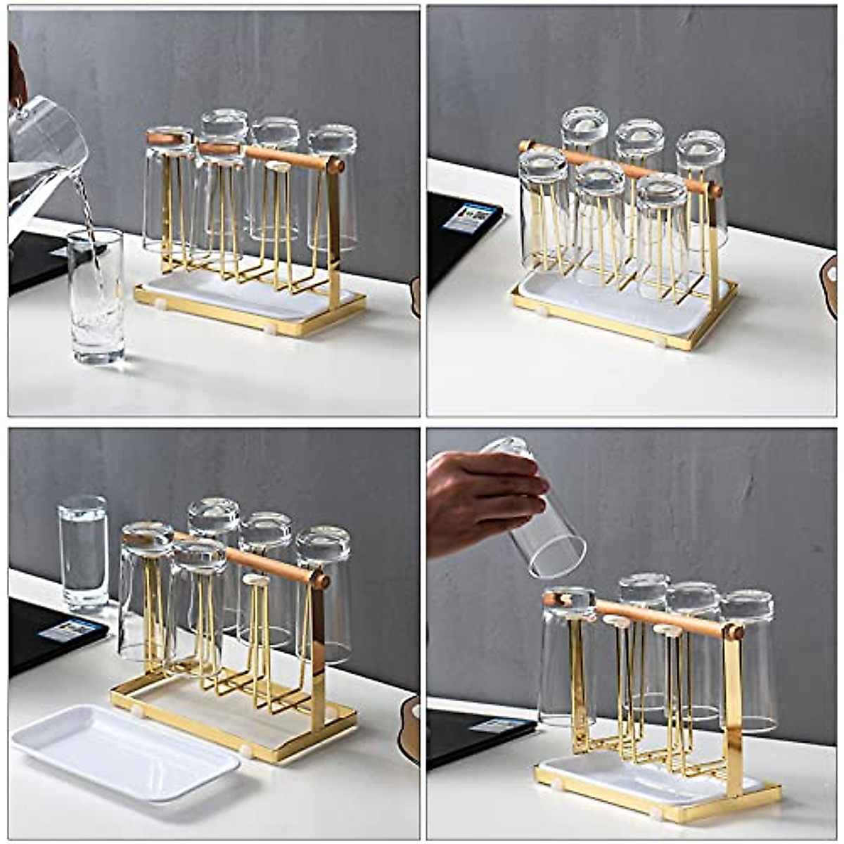 Kichvoe Cup Drying Rack Stand, Upside down Metal Glass Mug Draining Holder Organizer Hanging Shelf Drinking Glass Drainer Stand with Tray