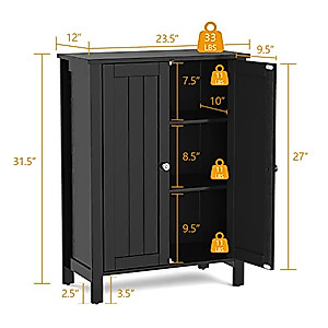 Tangkula Bathroom Floor Cabinet, with Double Door & Adjustable Shelf, 3 Tier Wooden Bathroom Storage Cabinet for Home Office, 23.5 x 12 x 31.5 Inches (Black)