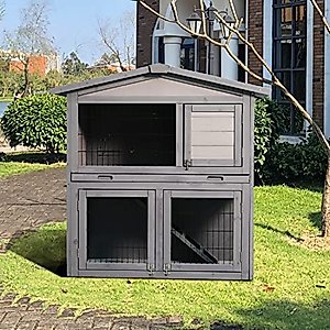 HHOK Rabbit Hutch Indoor Rabbit Cage Outdoor Guinea Pig Cage on Wheels, Bunny Cage with Pull Out Tray,Waterproof Roof Wooden Outdoor Rabbit Hutch Ferrets with Running Cage Removable Tray Ramp 2 Story