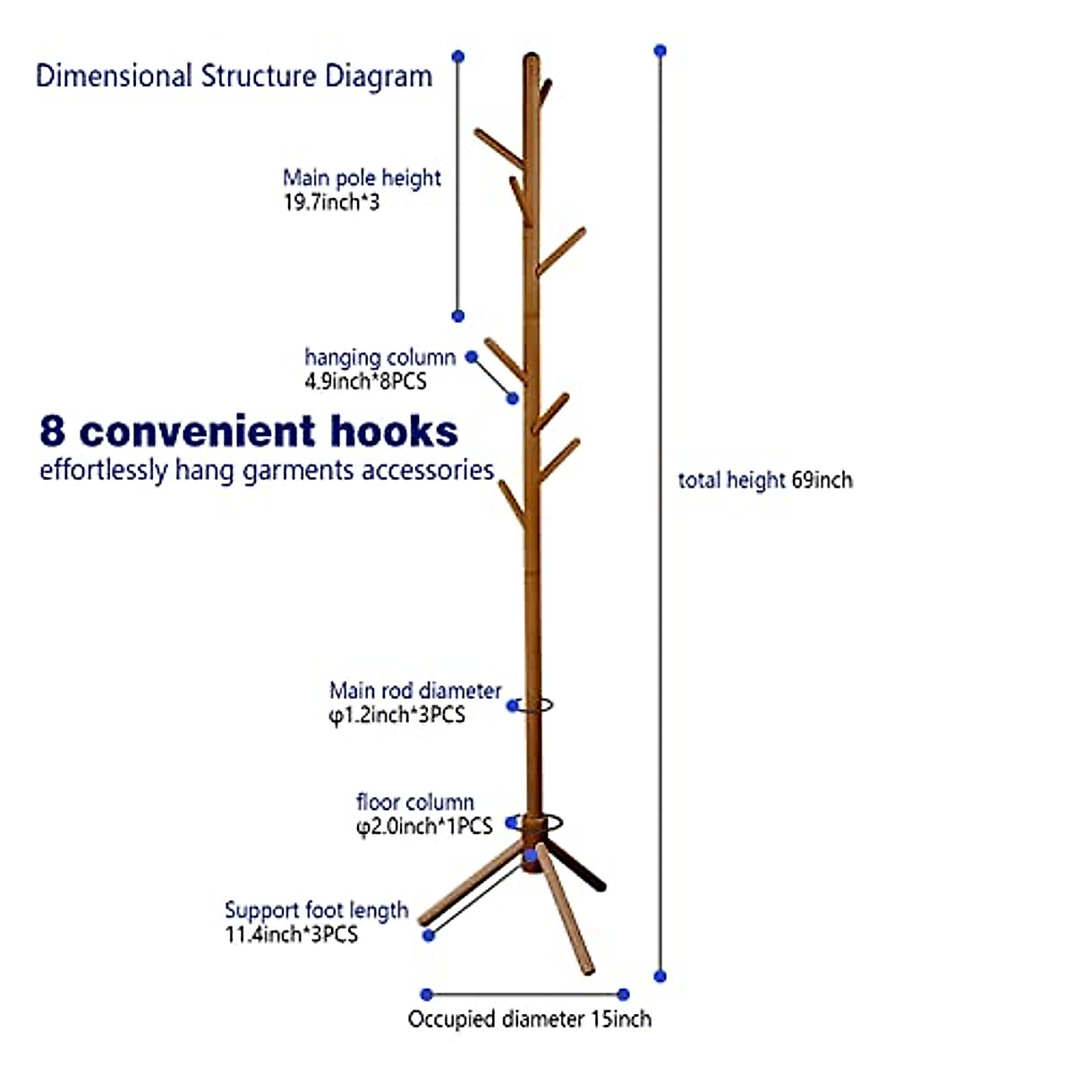 Gcnobaem Wooden Tree Coat Rack with 3 Adjustable Sizes, 8 Hooks, Super Easy Assembly NO Tools Required, Free Standing Solid Coat Hanger Stand for Clothes, Garment, Hats, Accessories (Dark Walnut)